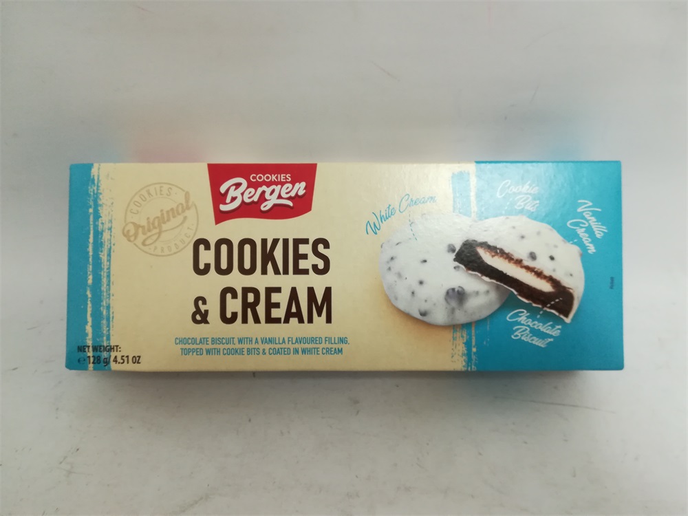 BERGEN TT. KEKSZ 128G COOKIES&CREAM VANÍLIAKRÉMMEL - Dél-100 nagyker áruház